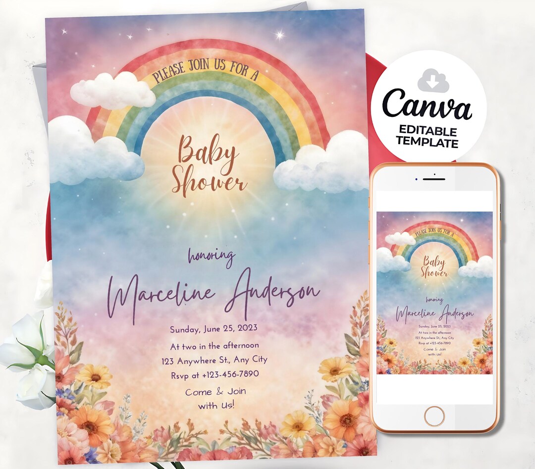 Rainbow Baby Shower Invitation Template Instant Download 5x7 Card ...