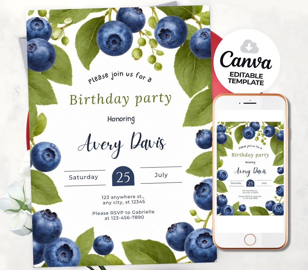 Blueberry Birthday Invitation Blueberry Party Bday Invite Printable ...