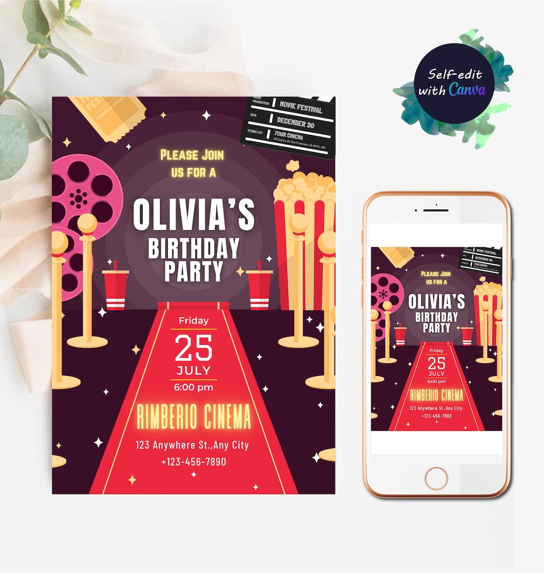 Hollywood Birthday Invitation Card Black & Gold Party Red Carpet Invite ...