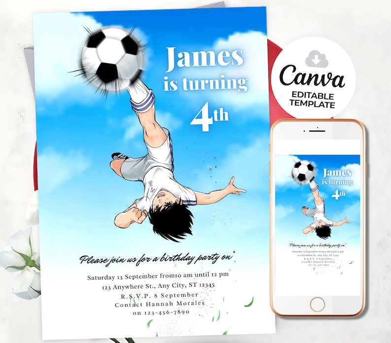 Captain Tsubasa Birthday Invitation Soccer Party Football Birthday ...