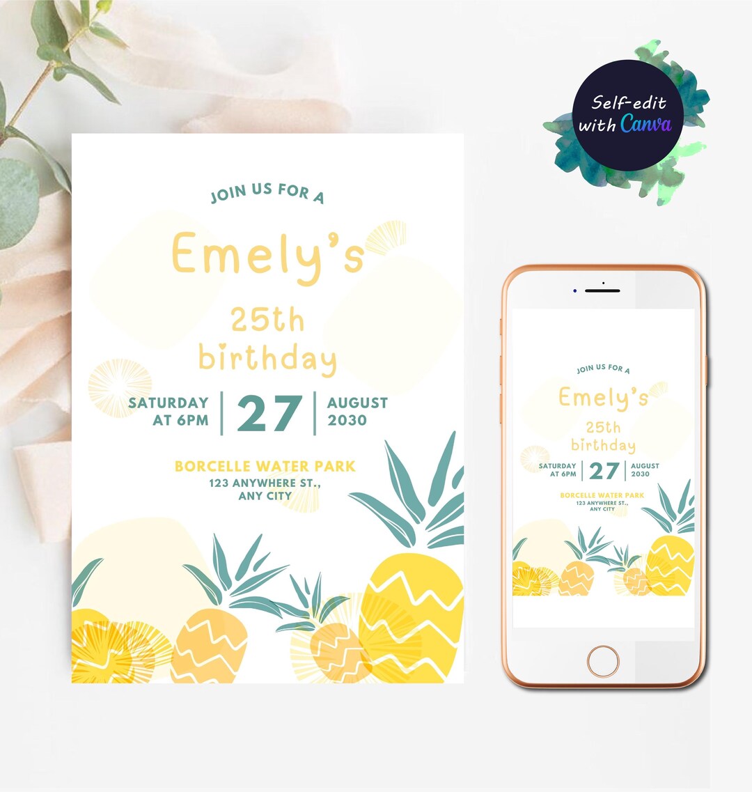 Pineapple Birthday Invitation Editable Splish Splash Birthday Party ...