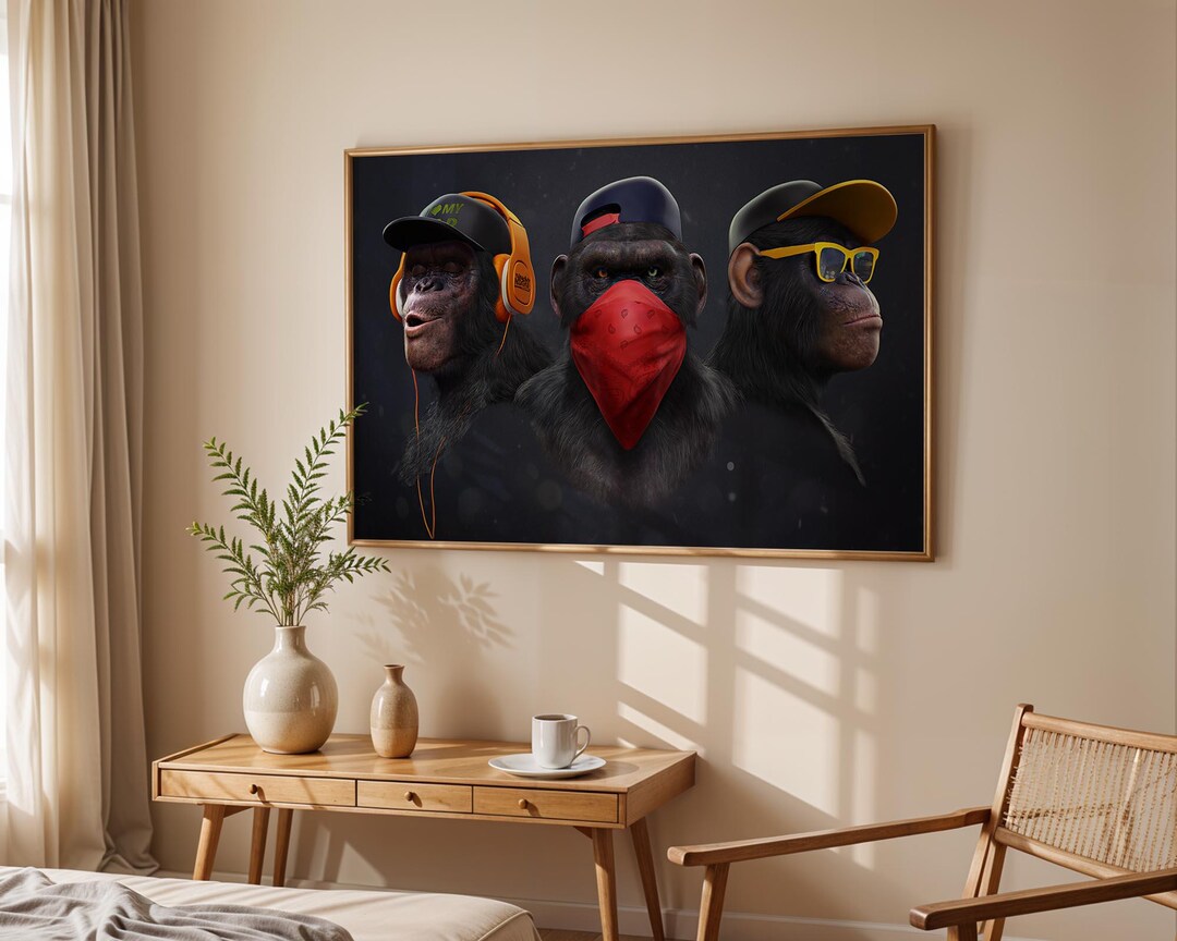 Monkey Wall Art, Monkey Poster, 3 Wise Monkey, Monkey Canvas Wall Decor ...