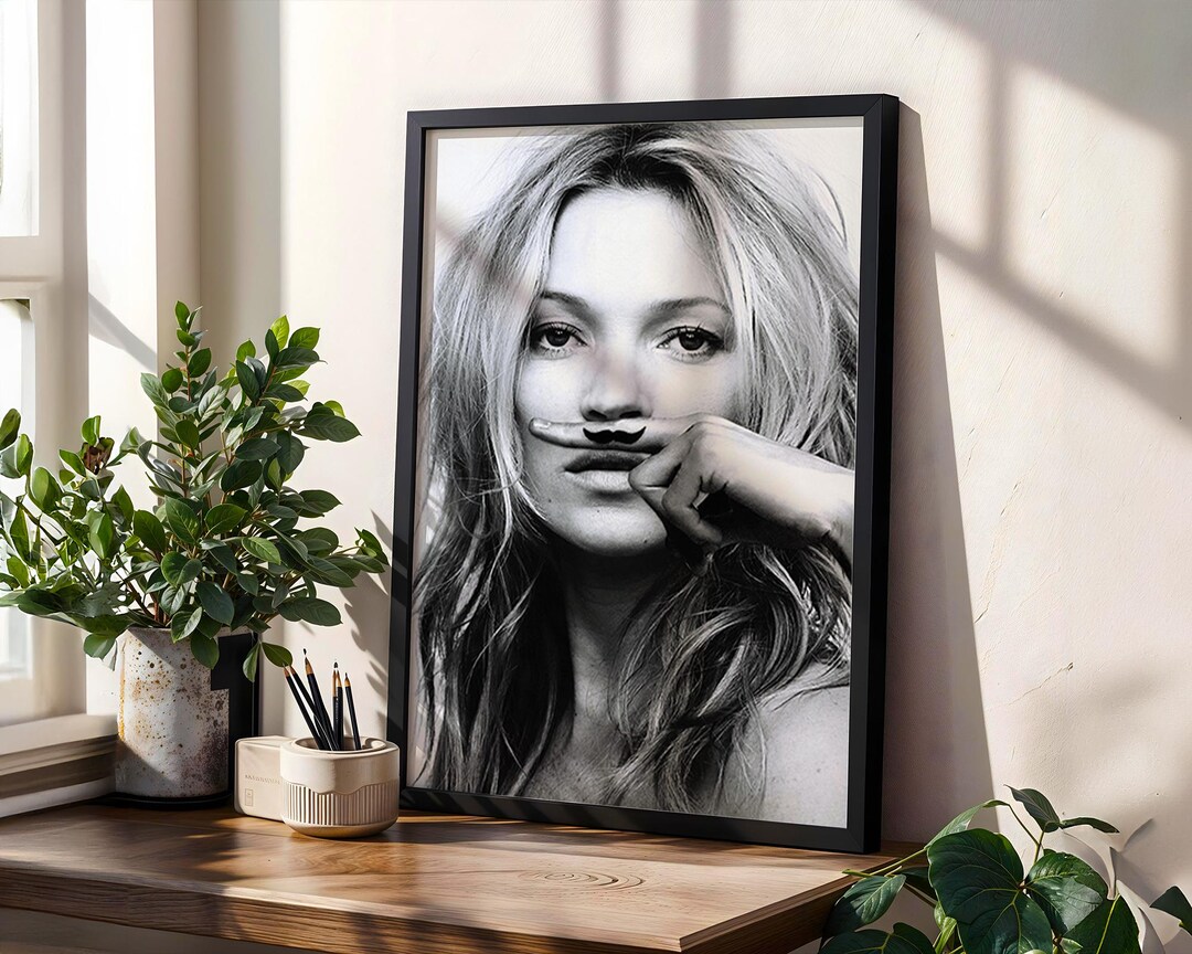 Kate Moss Print, Moustache Finger, Fashion Poster, Black and White Wall ...