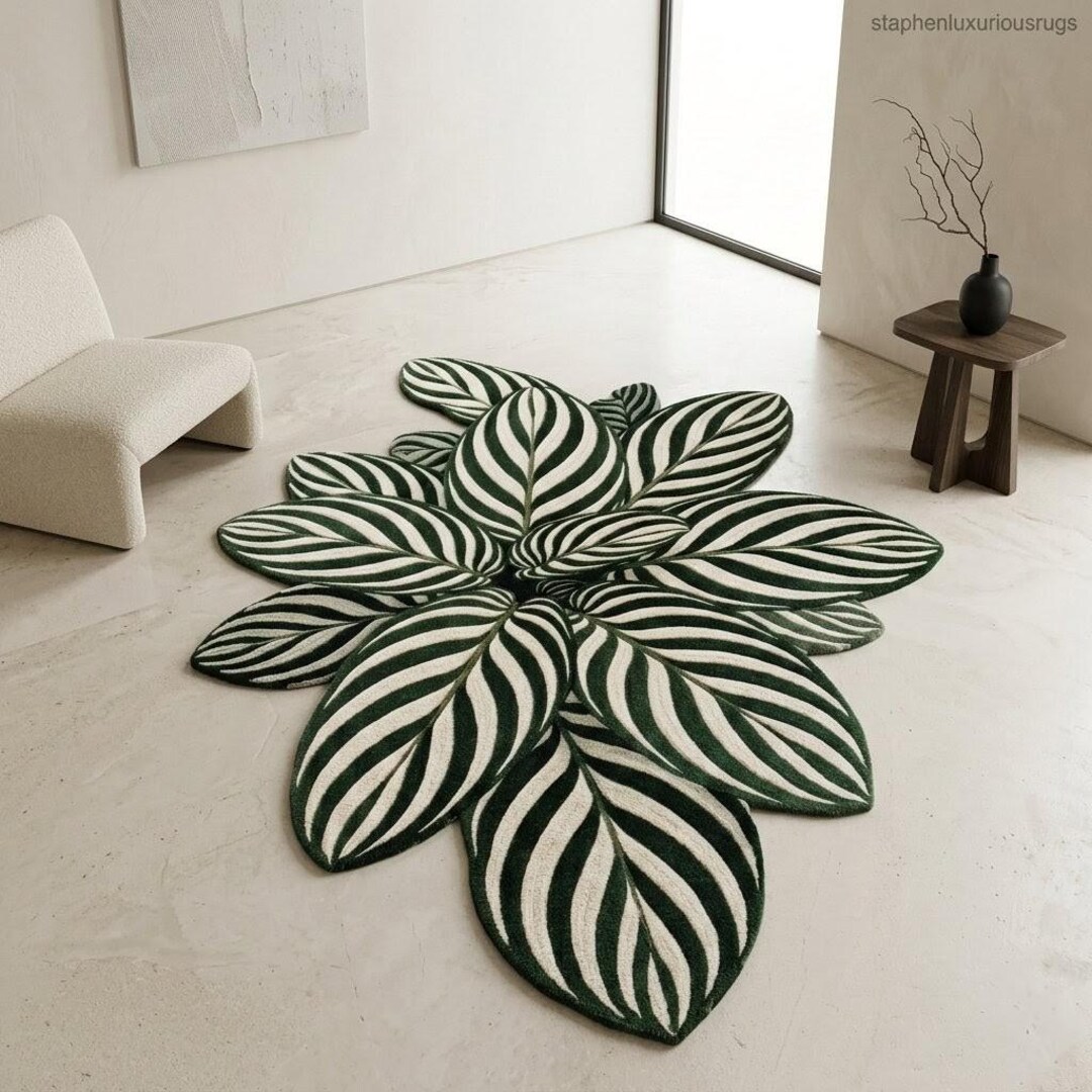 Hand Tufted Leaf Shaped Wool Rug – Botanical Nature Inspired Area Rug ...