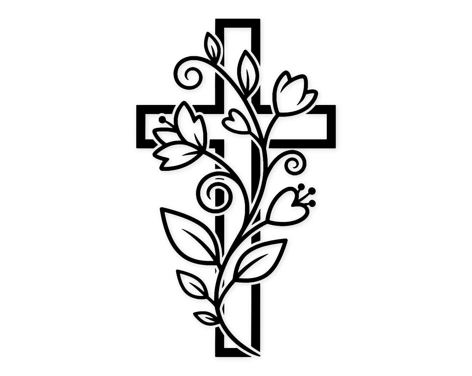 Cross With Flowers Svg Png: Bold Outline Digital Design for Spiritual ...