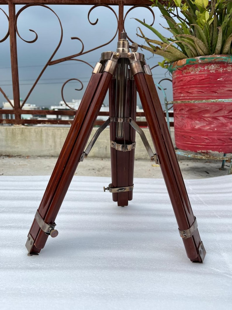 Vintage Brass Tripod Floor Lamp With Brown Wood Stand Nautical Lighting ...