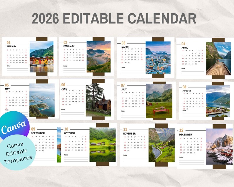 2026 Landscape Calendar, Modern Minimalist Planner (canva Template, PDF ...