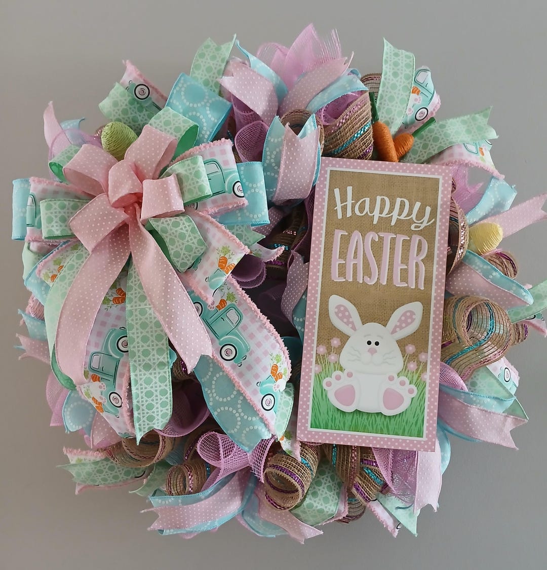 Happy Easter Pastel Bunny Wreath, Front Door Decor, Deco Mesh Wreath - Etsy