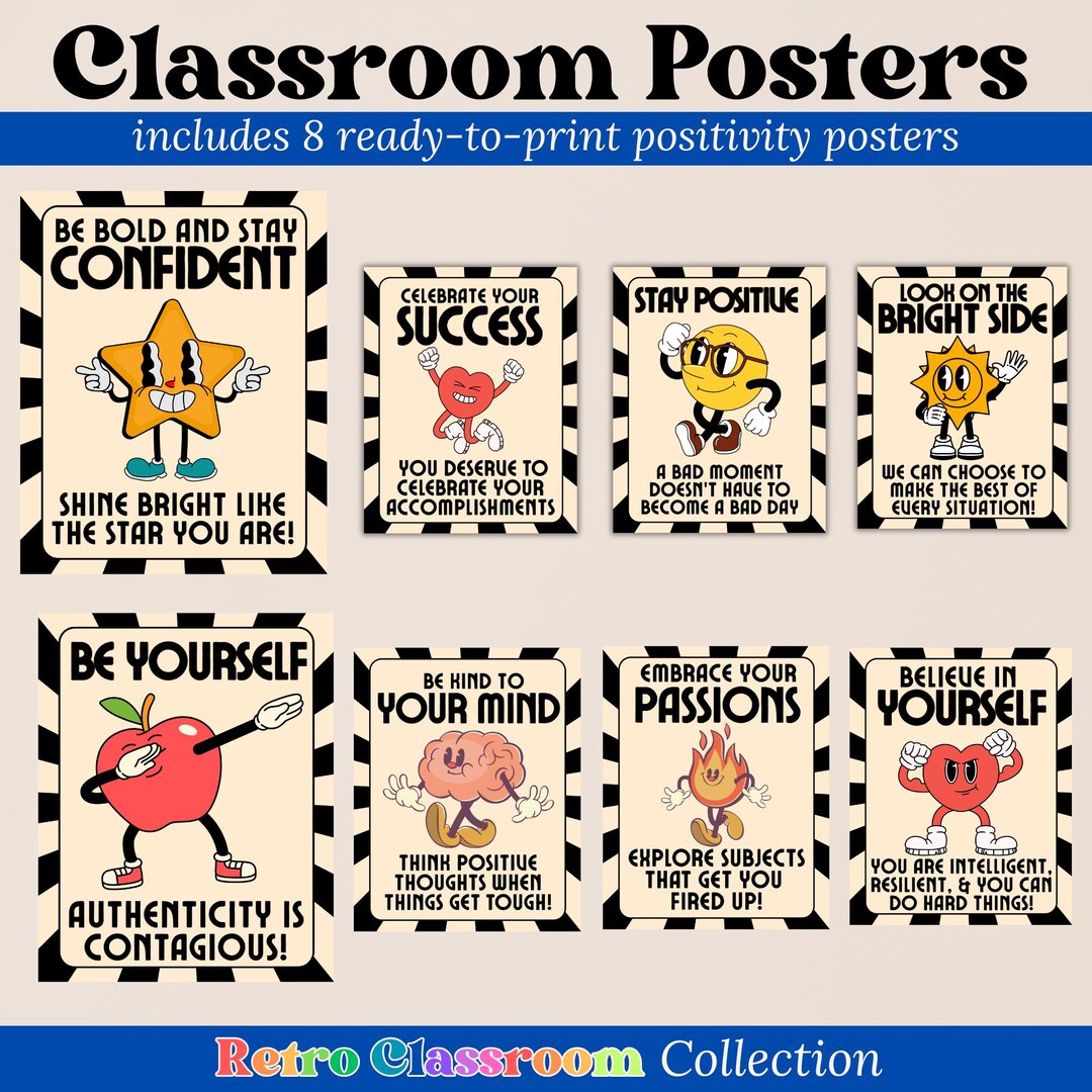 Positivity & Self-love Classroom Posters | Retro Printable Wall Art for ...