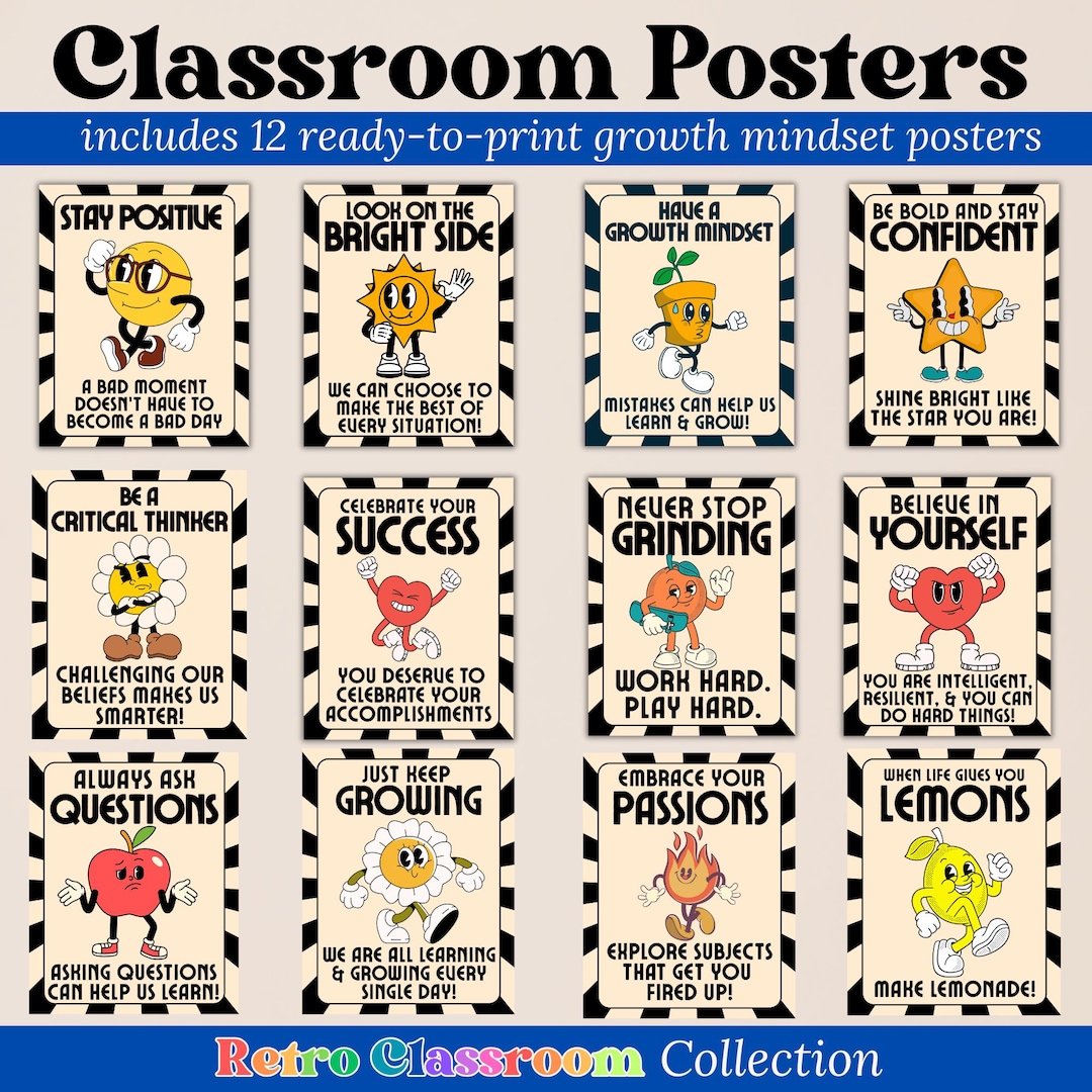 Growth Mindset Classroom Posters | Motivational Retro Printables ...