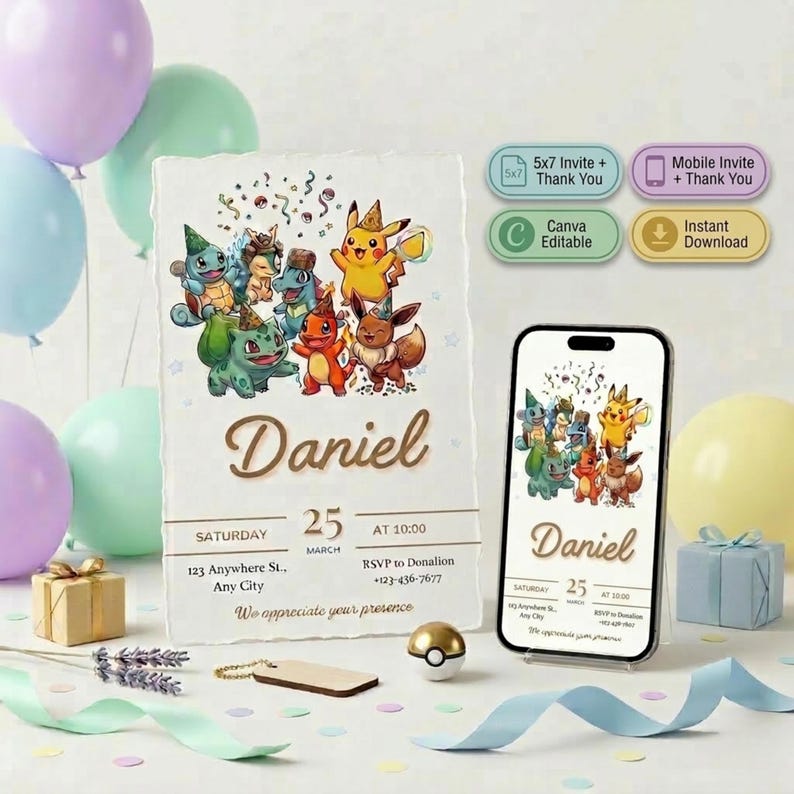 Poke Mon Birthday Invitation, Editable Kids Party Invite, Pokemon Theme ...