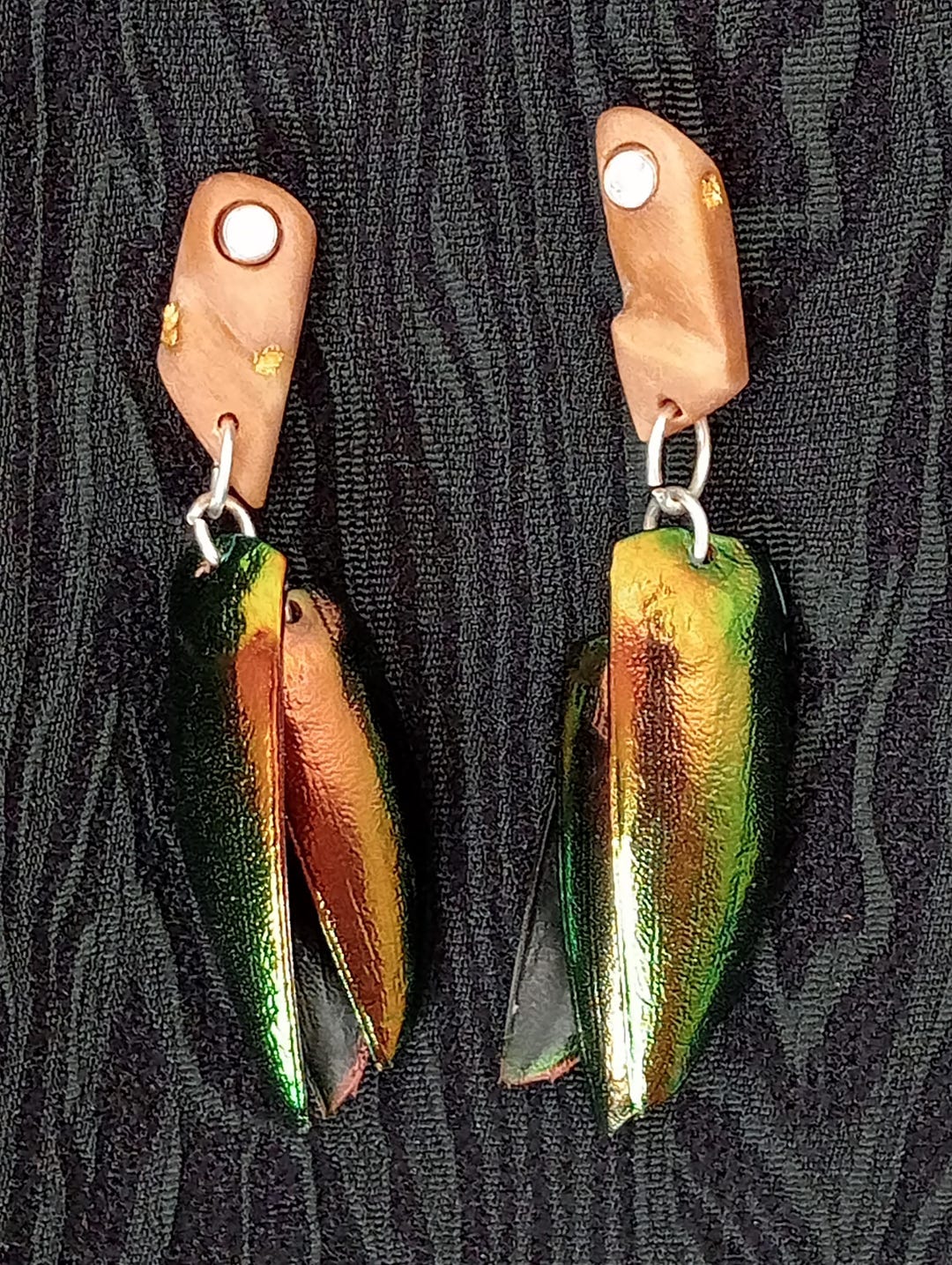 Beetle Wing With Light Karelian Wood, Zircon and 9k Gold Earrings - Etsy