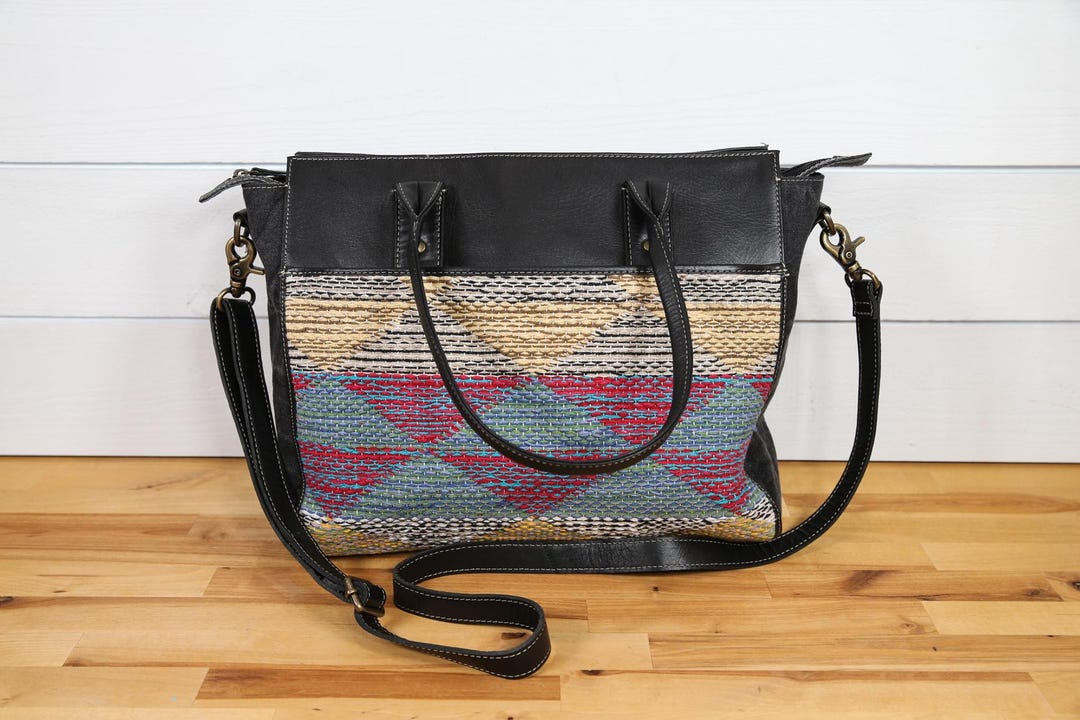 Upcycled Woven Tote Bag Ebony Leather Straps Shoulder Bag Crossbody ...
