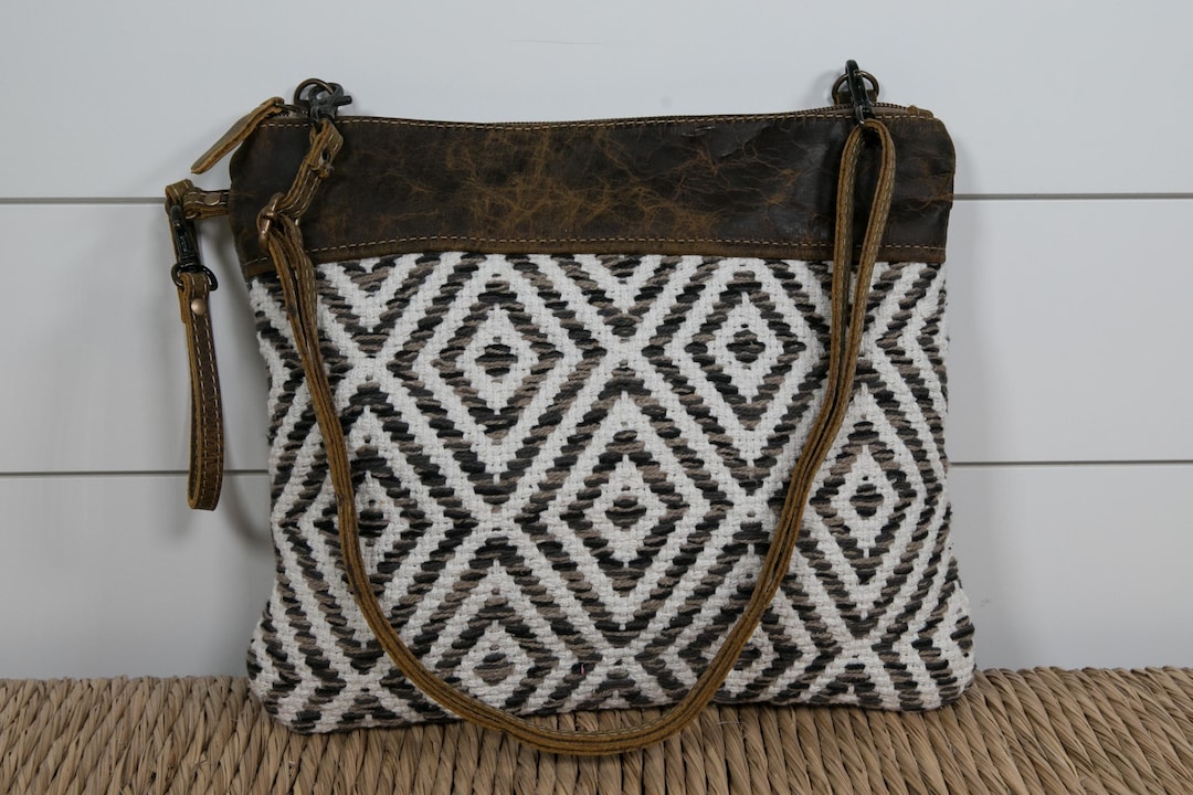 Upcycled Woven Crossbody Bag Shoulder Purse Leather Detail Matching ...