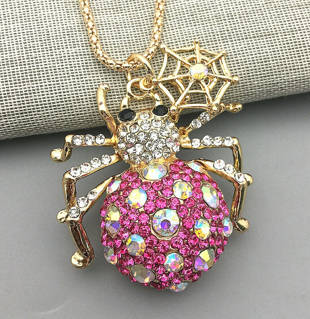 3D Gold & Pink Crystal Full Body Large Spider Key Chain / Purse Charm ...