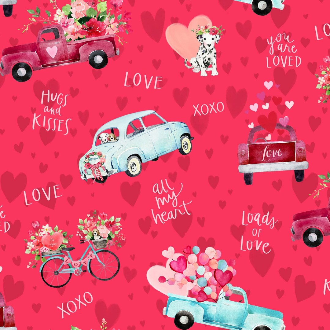 XOXO Hugs & Kisses Love Script Puppy Cars Floral Baskets Hearts on Red ...