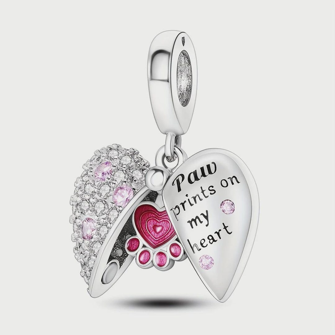 Hot Pink Heart Paw Print on My Heart Pendant Charm Bead Locket Memorial ...