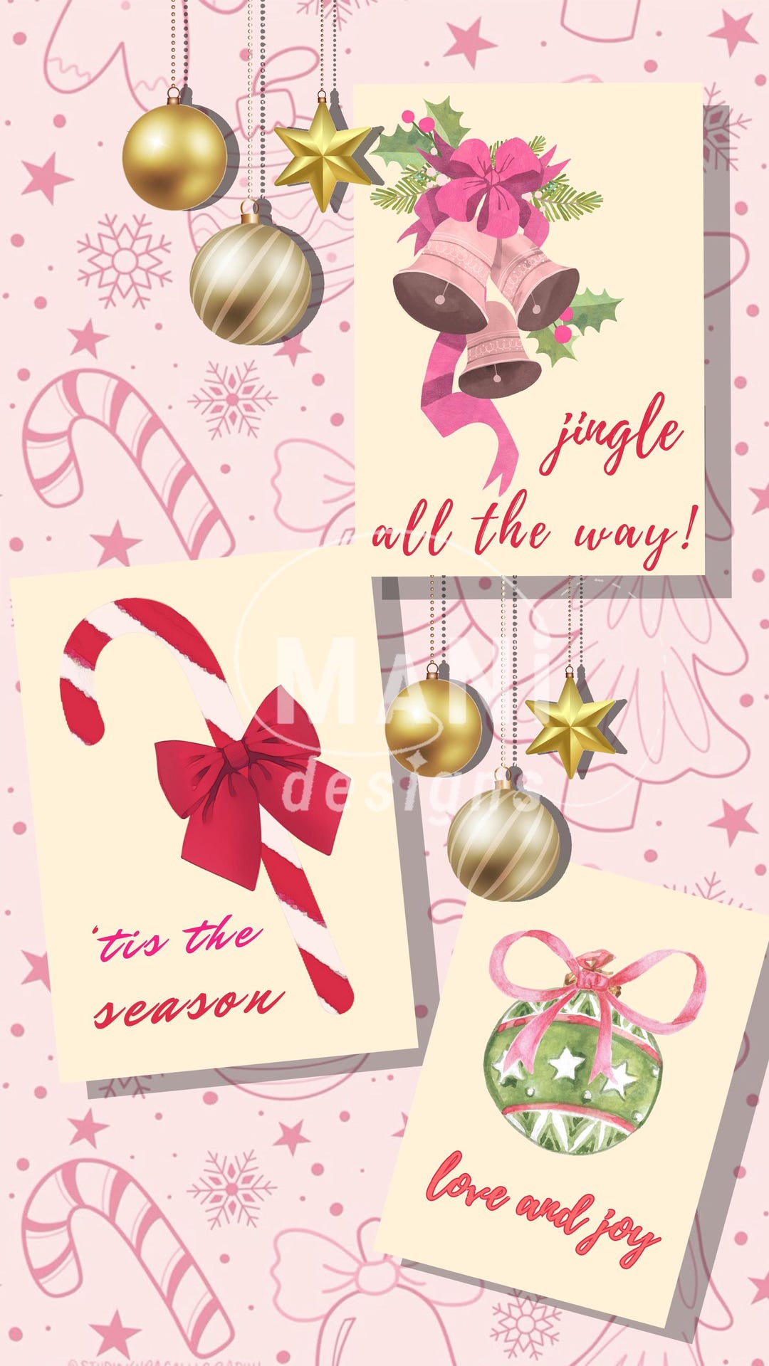 Set of Three Printable Christmas Cards, Coquette Holiday Card Bundle ...