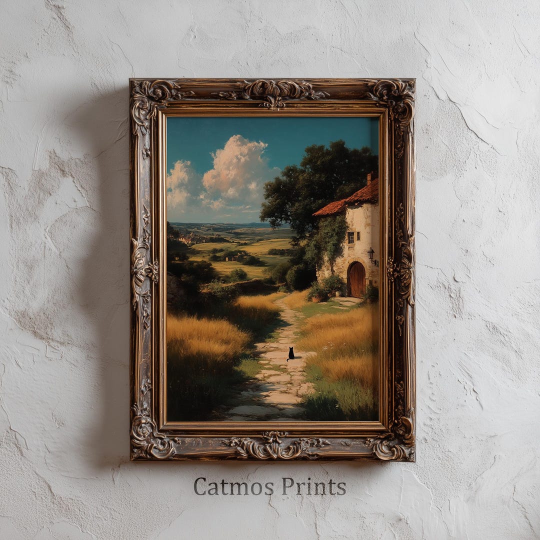 French Country Cat Art Print – Rustic Farmhouse Landscape (digital ...