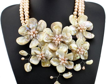 Natural Freshwater Pearl Shell Flower Necklace Statement | Etsy