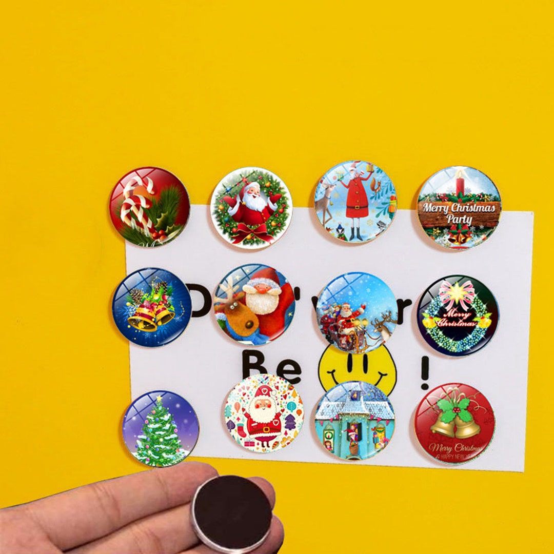 12pcs Christmas Series Round Glass Strong Magnetic Refrigerator Magnet ...