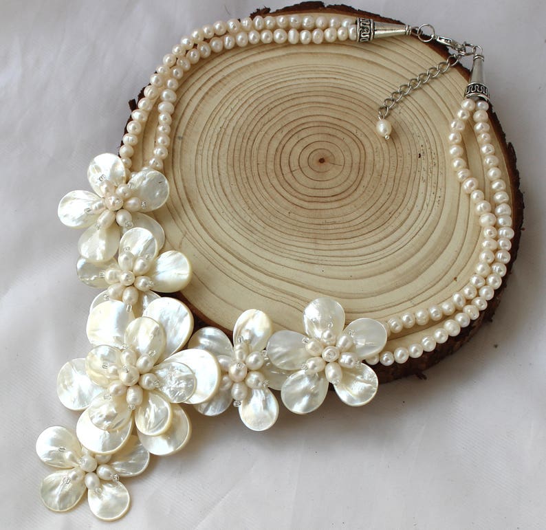 Natural Freshwater Pearl Shell Flower Necklace Statement - Etsy