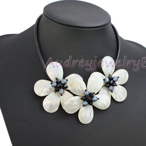 Natural Freshwater Pearl Shell Flower Necklace Statement | Etsy