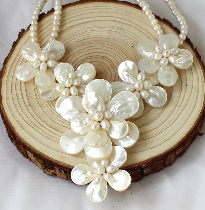 Natural Freshwater Pearl Shell Flower Necklace Statement | Etsy