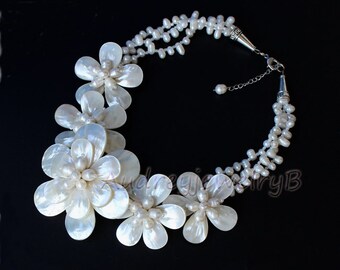 Natural Freshwater Pearl Shell Flower Necklace Statement | Etsy
