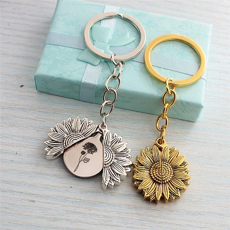 Personalized Sunflower Keychain,engrave Hidden Message or Icon Pendant ...