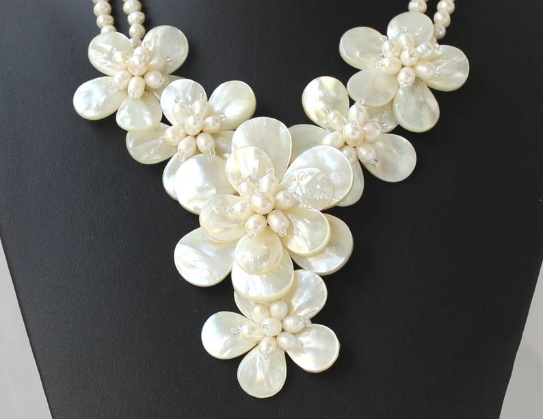 Natural Freshwater Pearl Shell Flower Necklace Statement | Etsy