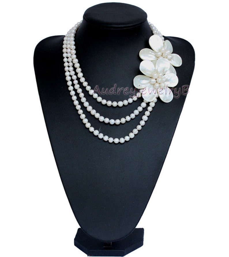 3 Strand Natural Freshwater Pearl shell Flower Necklace | Etsy