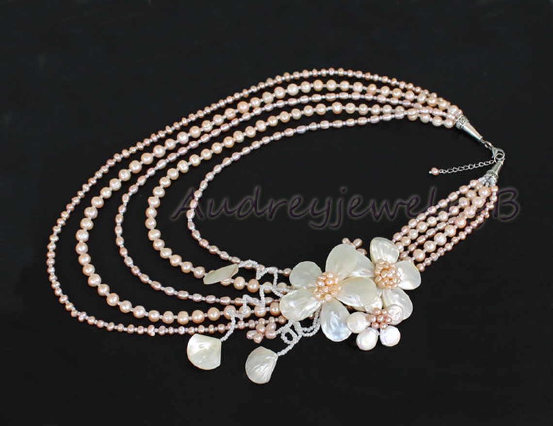 5 Strand Natural Freshwater Baroque Pearl shell Flower | Etsy