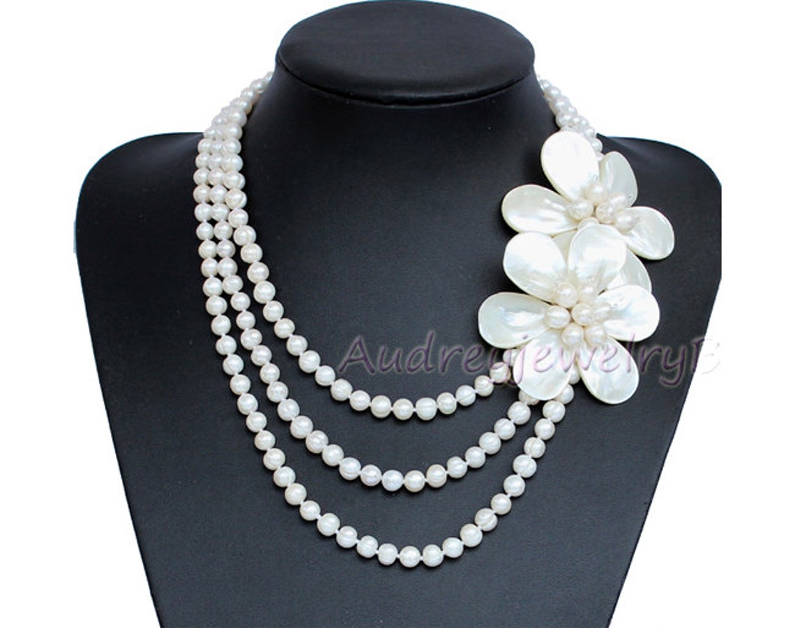 3 Strand Natural Freshwater Pearl Shell Flower Necklace - Etsy