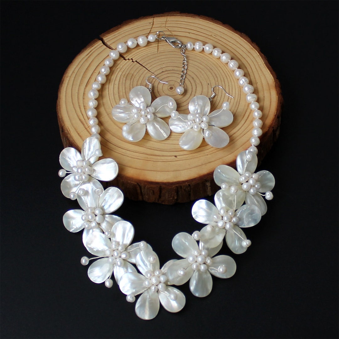 Freshwater Pearl Necklace & Shell Flower Earrings Set - Etsy