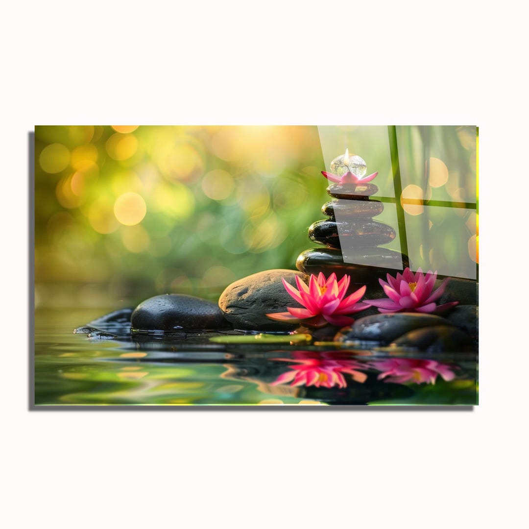 Lotus Flower Tempered Glass Wall Art, Zen Stacked Stones Decor - Etsy