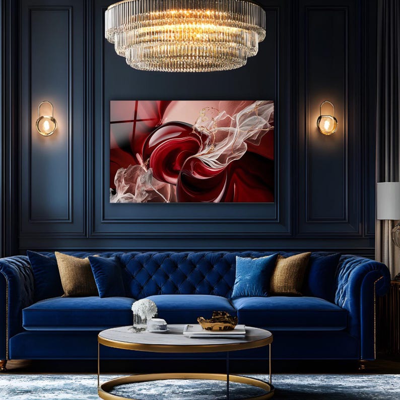 Red Abstract Tempered Glass Wall Art, Swirls, Gold Accents, Glossy ...