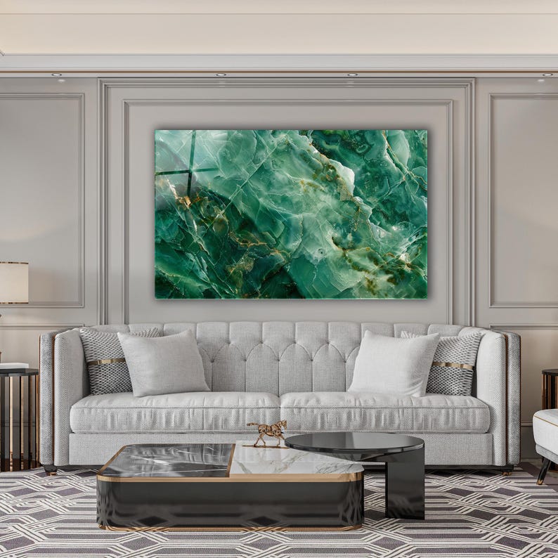 Extra Large Green Marble Tempered Glass Wall Art, Modern Abstract Decor ...