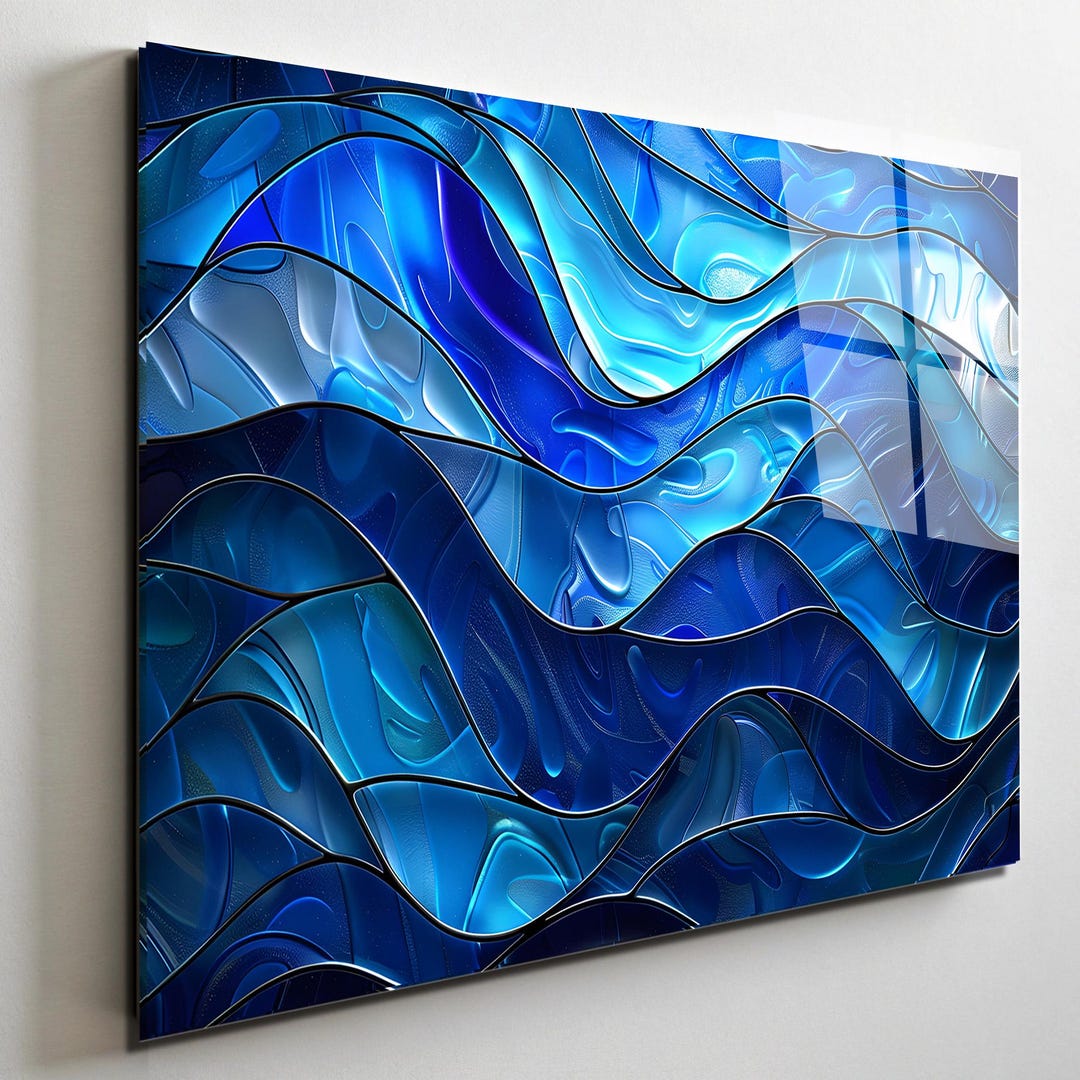 Stained Glass Look Wave Tempered Glass Wall Art, Blue Abstract Ocean ...