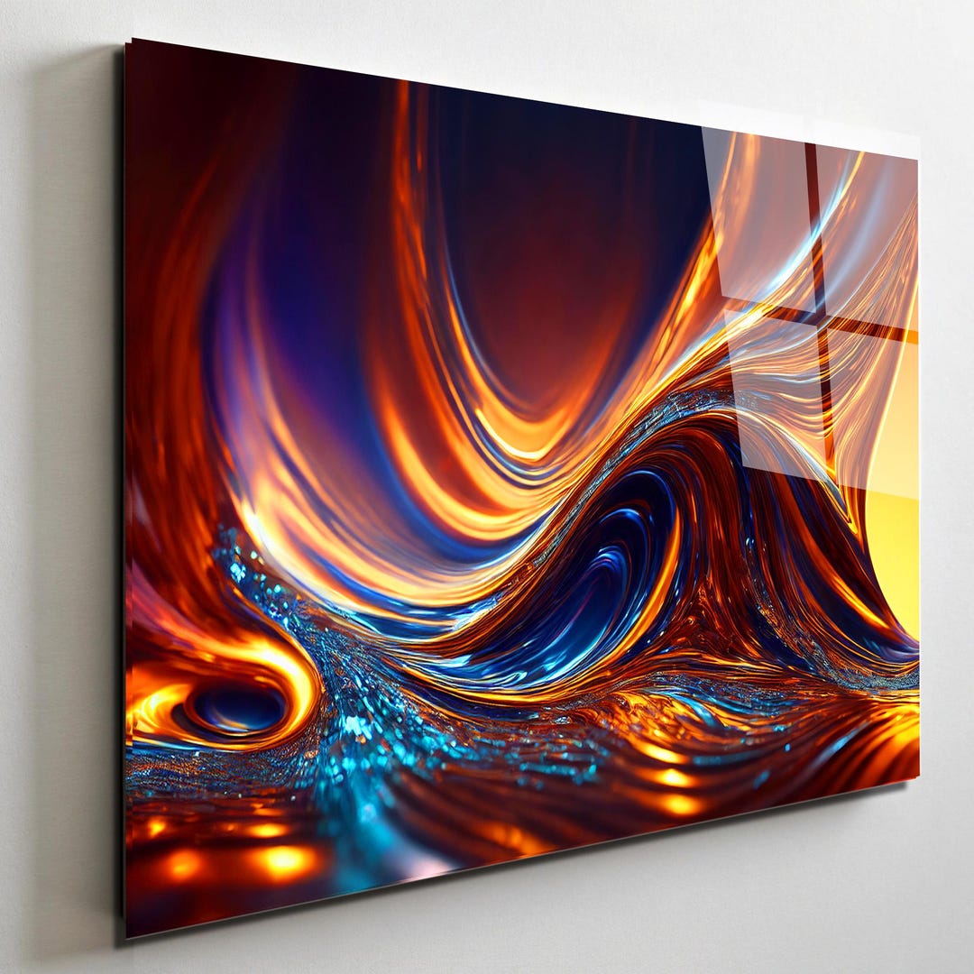Abstract Liquid Fire Blue Tempered Glass Wall Art, Gold Swirl Decor - Etsy