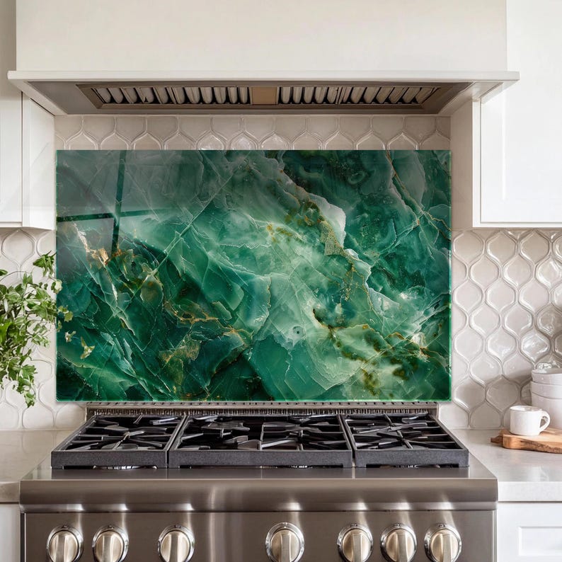 Extra Large Green Marble Tempered Glass Wall Art, Modern Abstract Decor ...