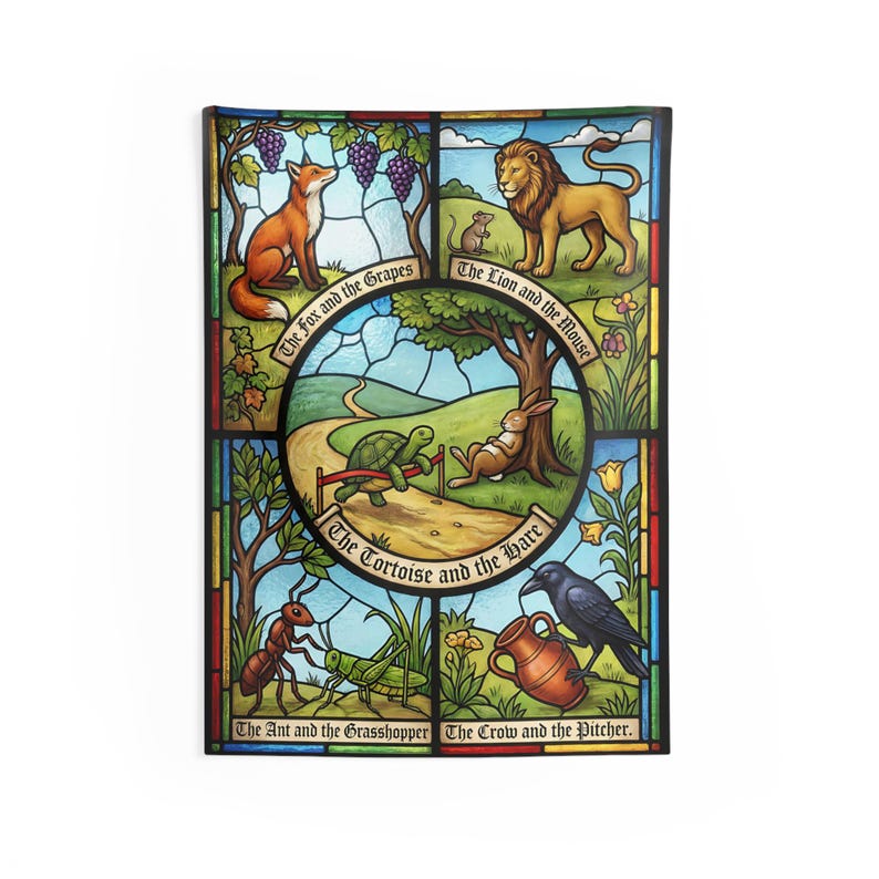 Aesop Fables Wall Tapestry - Stained Glass Style Art - Classic ...