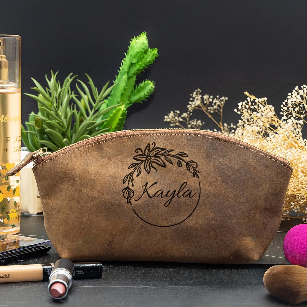 Personalized Leather Makeup Bag, Custom Engraved Cosmetic Bag - Etsy