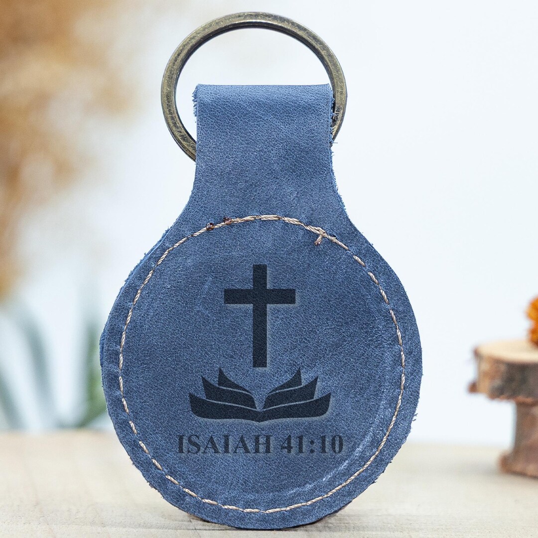 Personalized Christian Cross Design Keyring, Leather Bible Verse ...