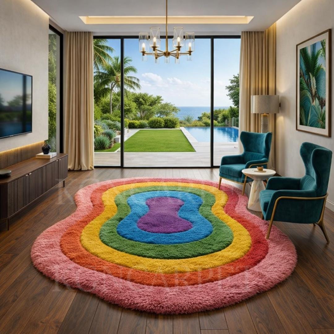Colorful Rainbow Shag Rug, Modern Abstract Area Rug, Soft Fluffy Carpet ...