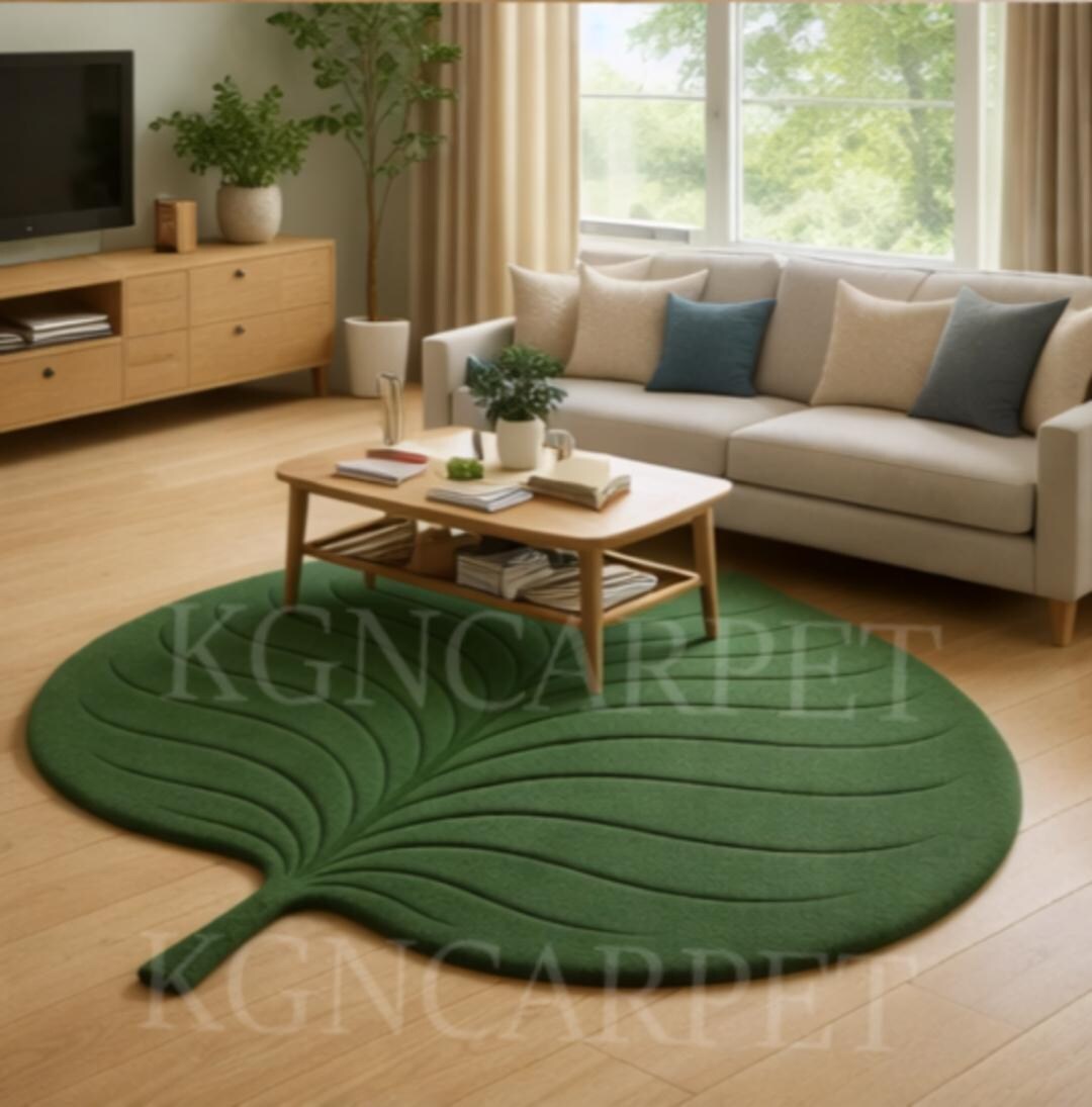 3D Textured Green Leaf Shaped Area Rug - Soft Tufted Botanical Floor ...