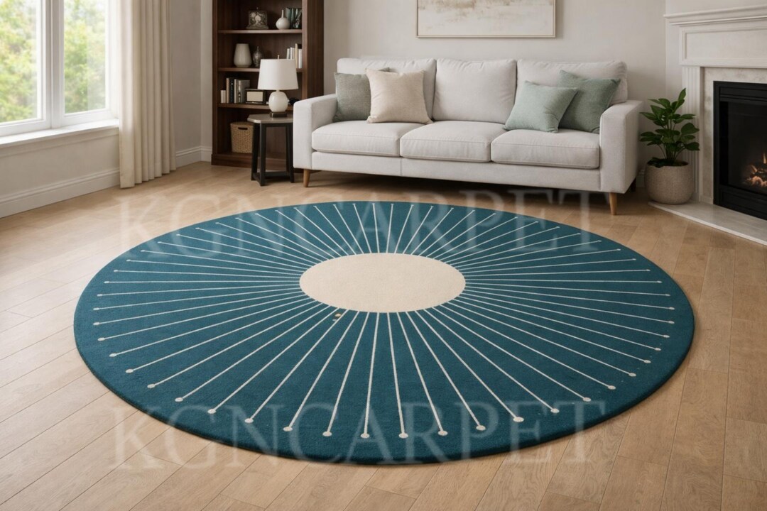 Handmade Mid-century Modern Teal Round Rug – Geometric Cream Sunburst ...
