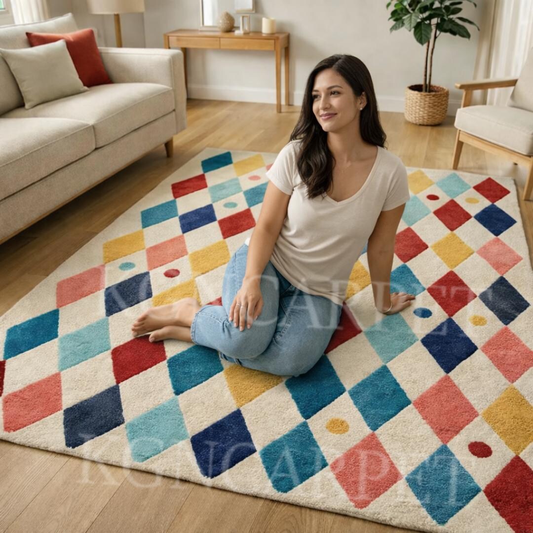 Hand-tufted Geometric Diamond Area Rug – Vibrant Multicolor Harlequin ...