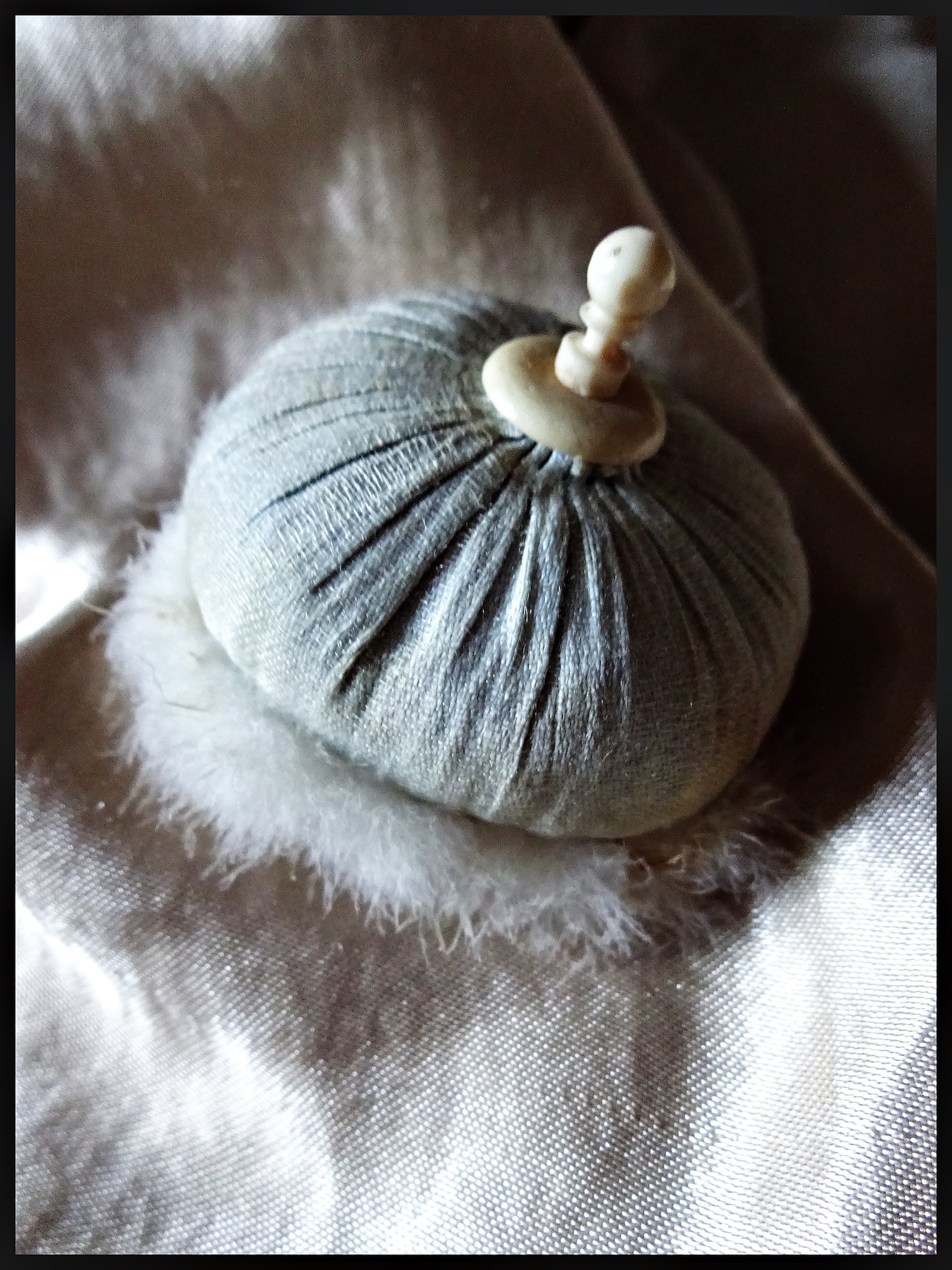 Swans Down Powder Puff, Tiny Boudoir Dresser Puff, Gathered Blue Silk ...