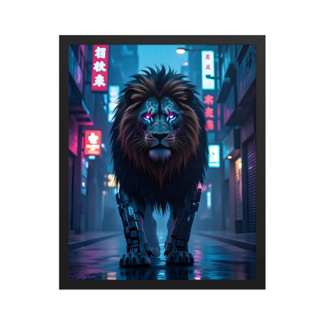 Cyberpunk Lion Robot – Neon Cyber Lion in City Framed Matte Poster - Etsy